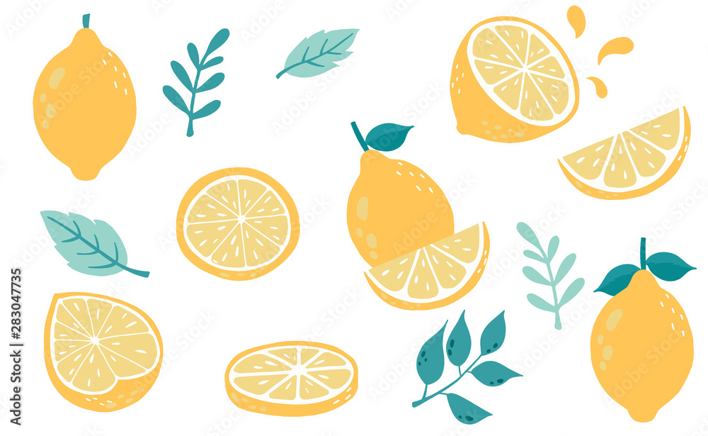 Cute lemon,citrus object collection.Whole, cut in half, sliced on ...