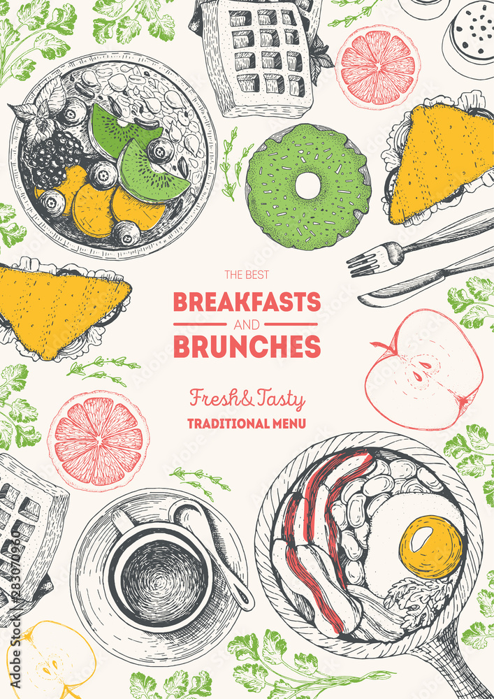 Brunch and breakfast top view frame. Food menu design. Vintage hand ...