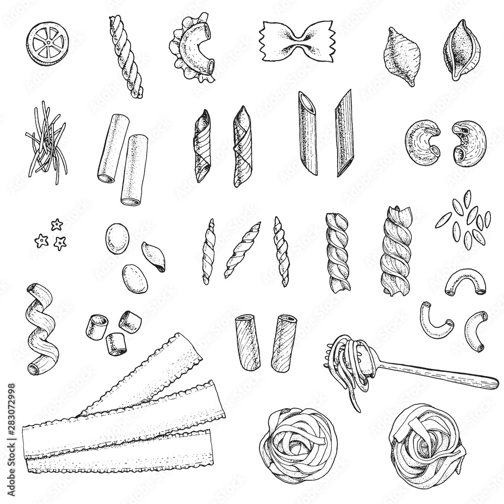 Different types of pasta set. Hand drawn sketch. Vintage vector ...