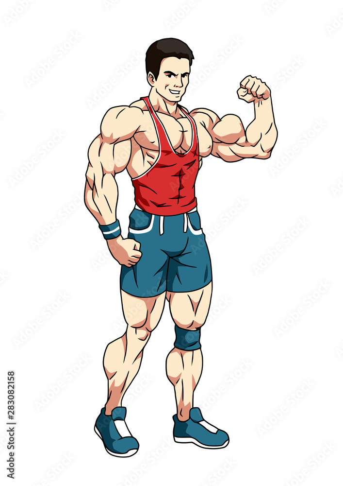 muscular bodybuilder showing big biceps, vector, cartoon, character ...