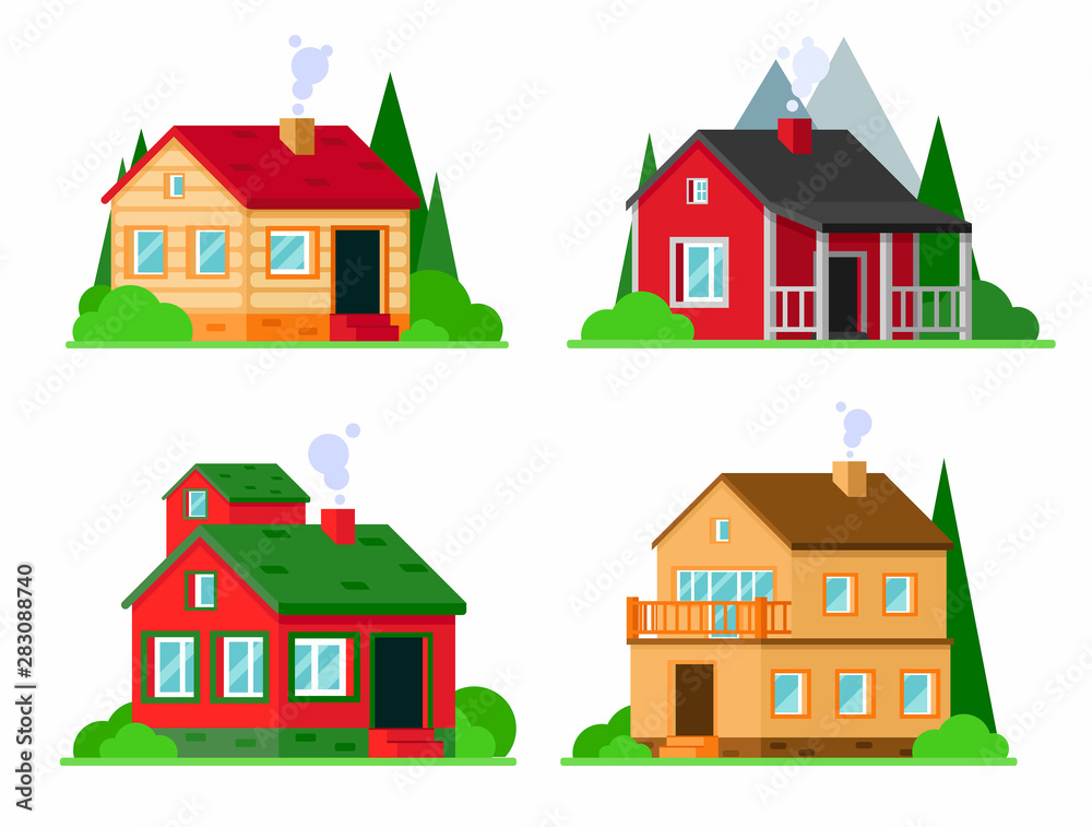 Cartoon home and cottages set. Flat vector illustration. Stock ...