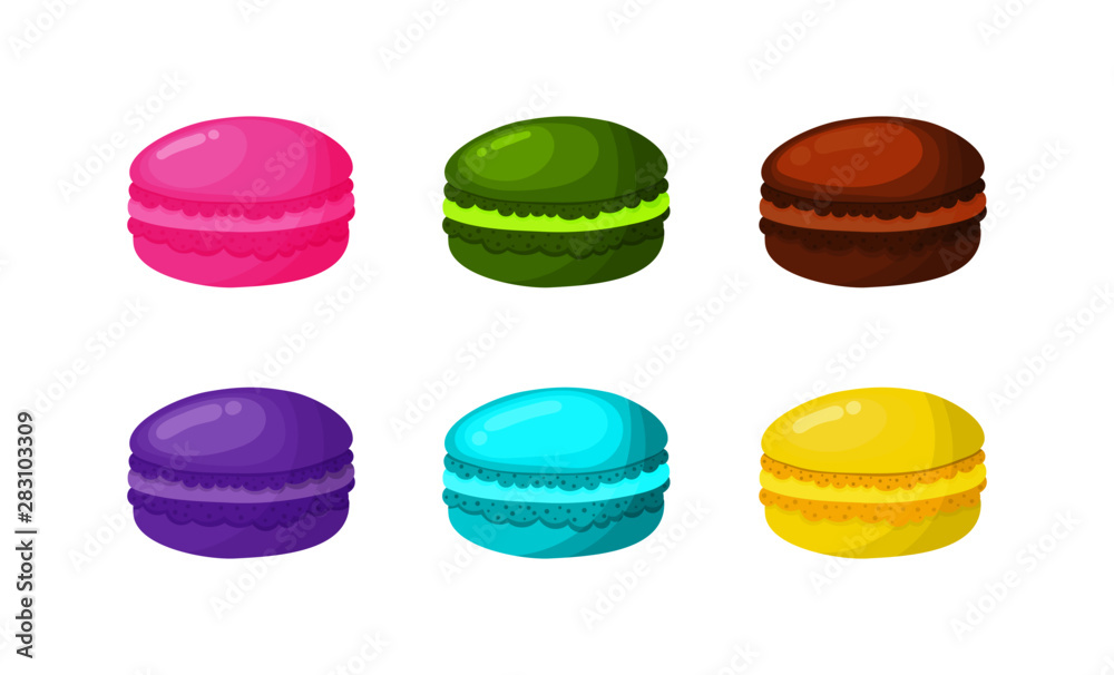 cartoon macaroon set on white background for cafe or restaurant ...