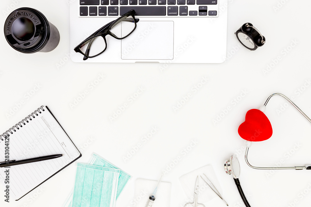 Stethoscope, Top view of doctor's desk table, blank paper on white ...