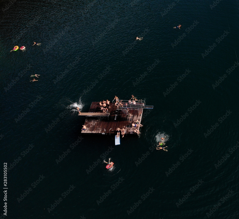 Badende im See. Flugbild. Stock Photo | Adobe Stock