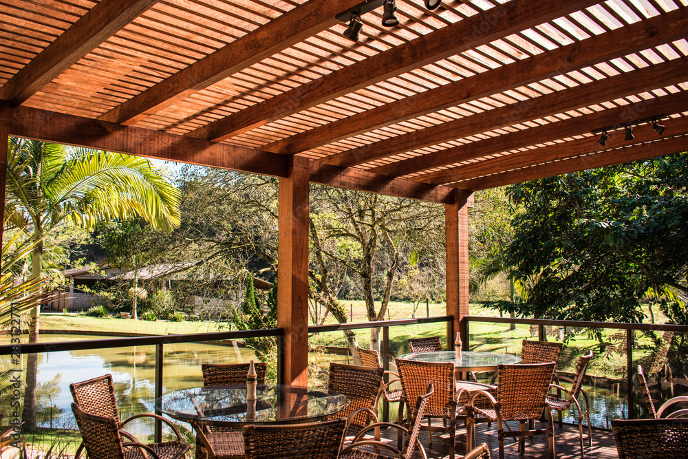 wood pergola and tables in garden farm Stock Photo | Adobe Stock
