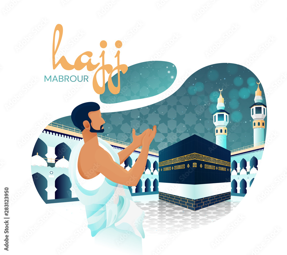 Vector illustration. Muslims pray during the Hajj on the background of ...