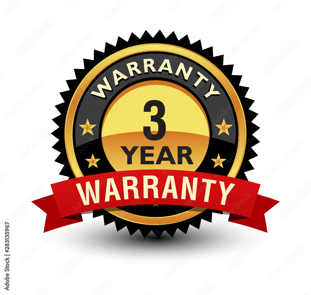 Powerful 3 year warranty badge, sign, label, seal with red ribbon on ...