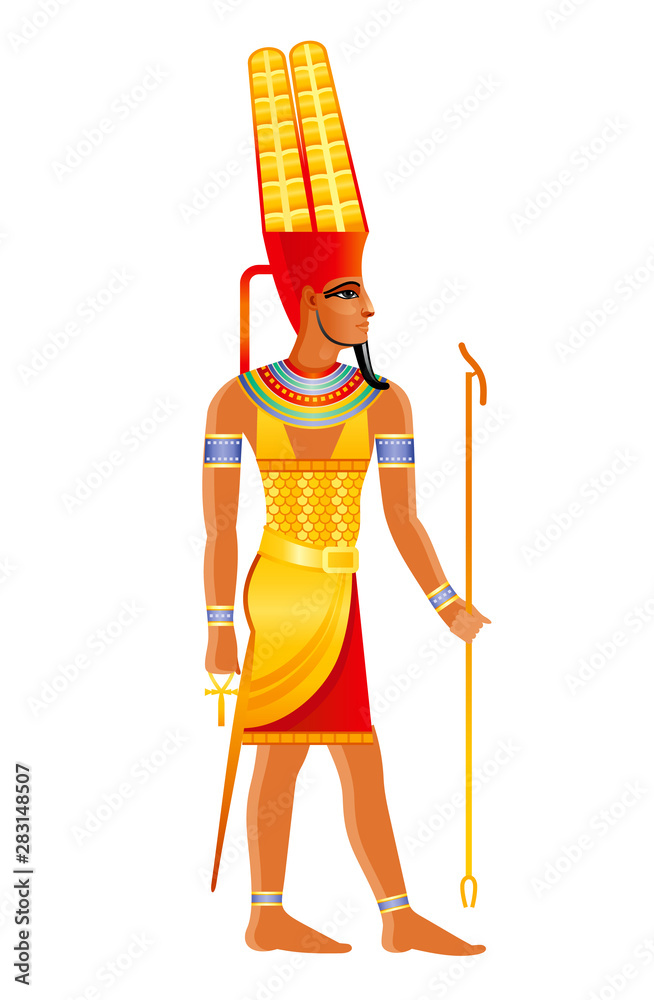 Ancient Egyptian god Amun, major Egyptian deity of sun in shuti crown with feather decoration ...