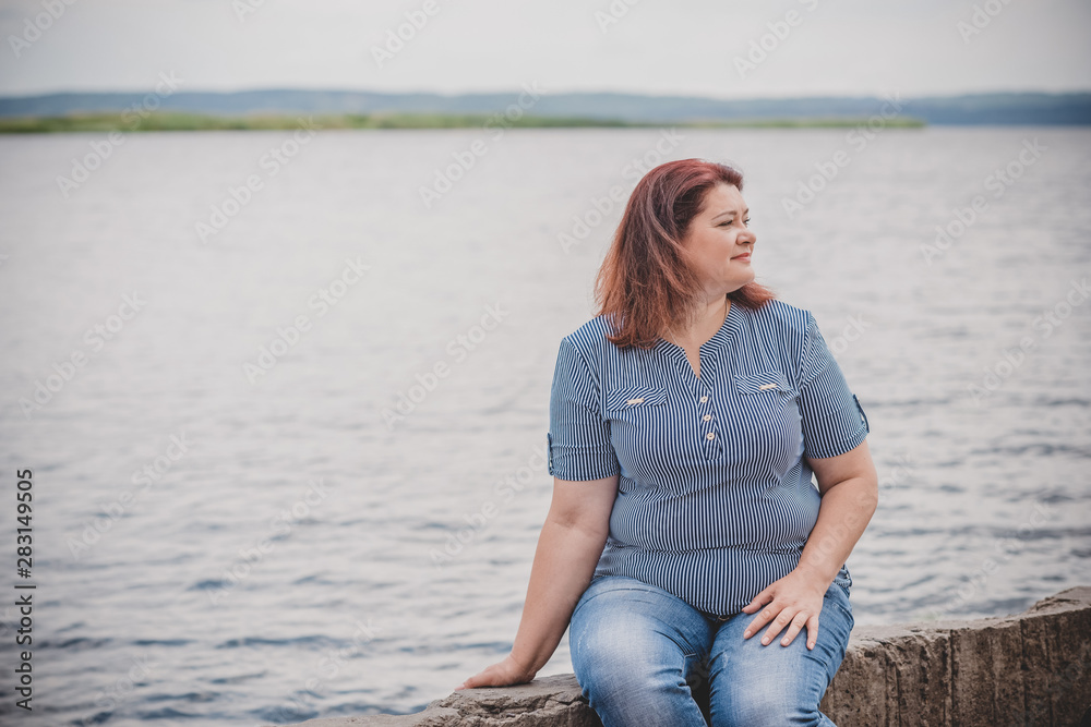 Relax concept. Plus size model, Woman rest at nature, attractive plump ...