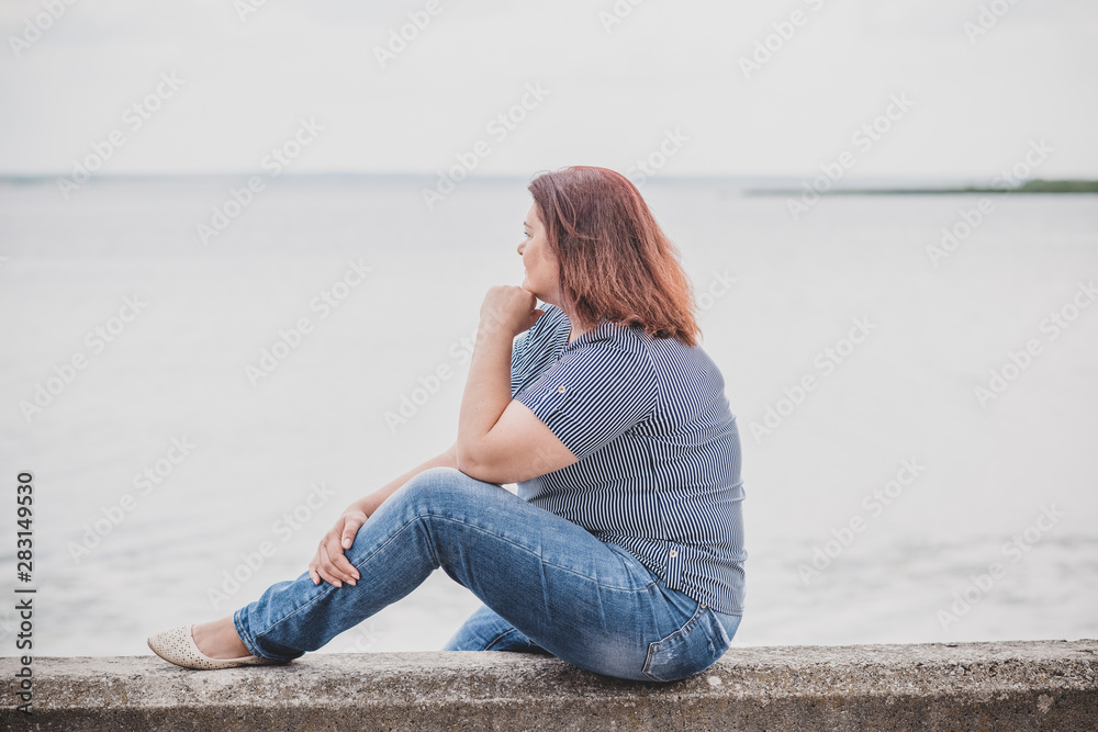 Relax concept. Plus size model, Woman rest at nature, attractive plump ...