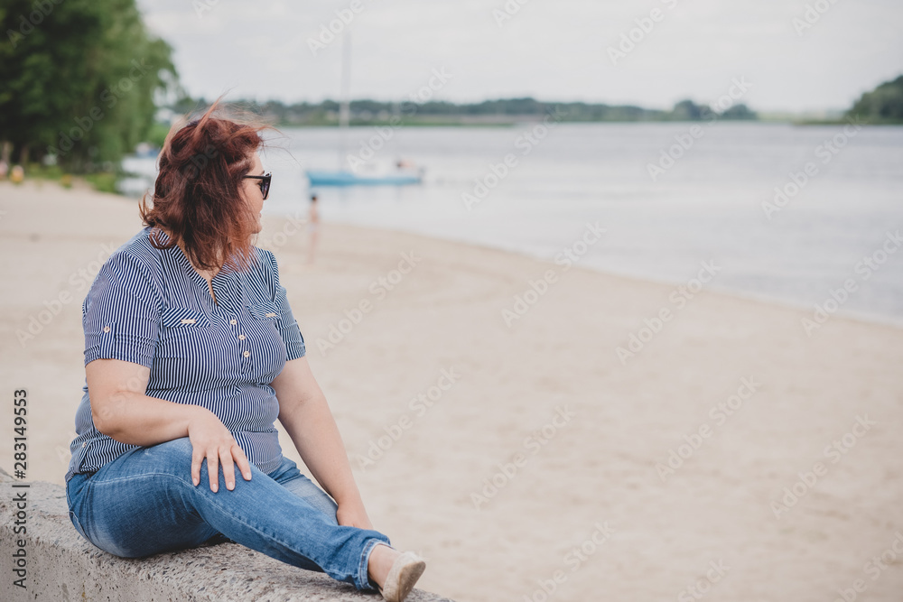 Relax concept. Plus size model, Woman rest at nature, attractive plump ...