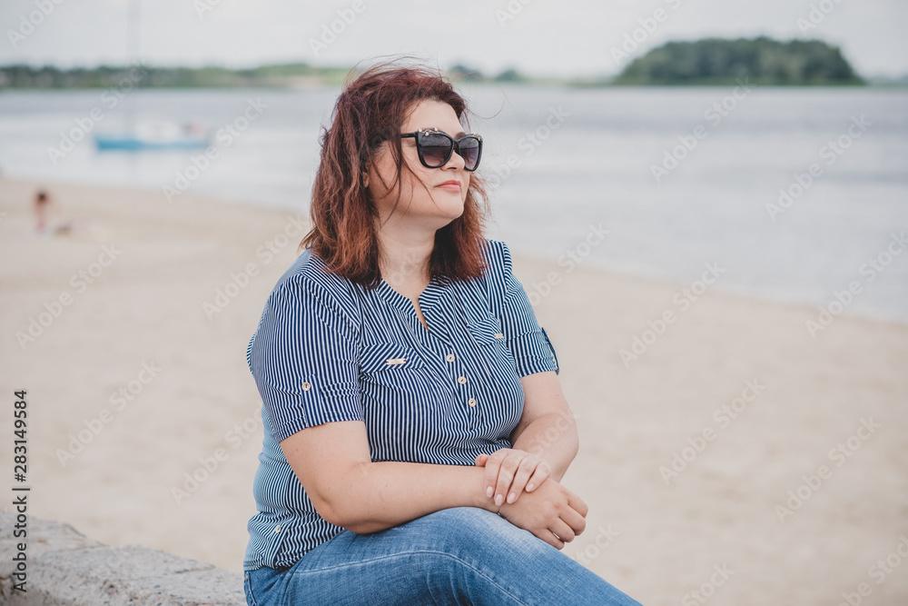 Relax concept. Plus size model, Woman rest at nature, attractive plump ...