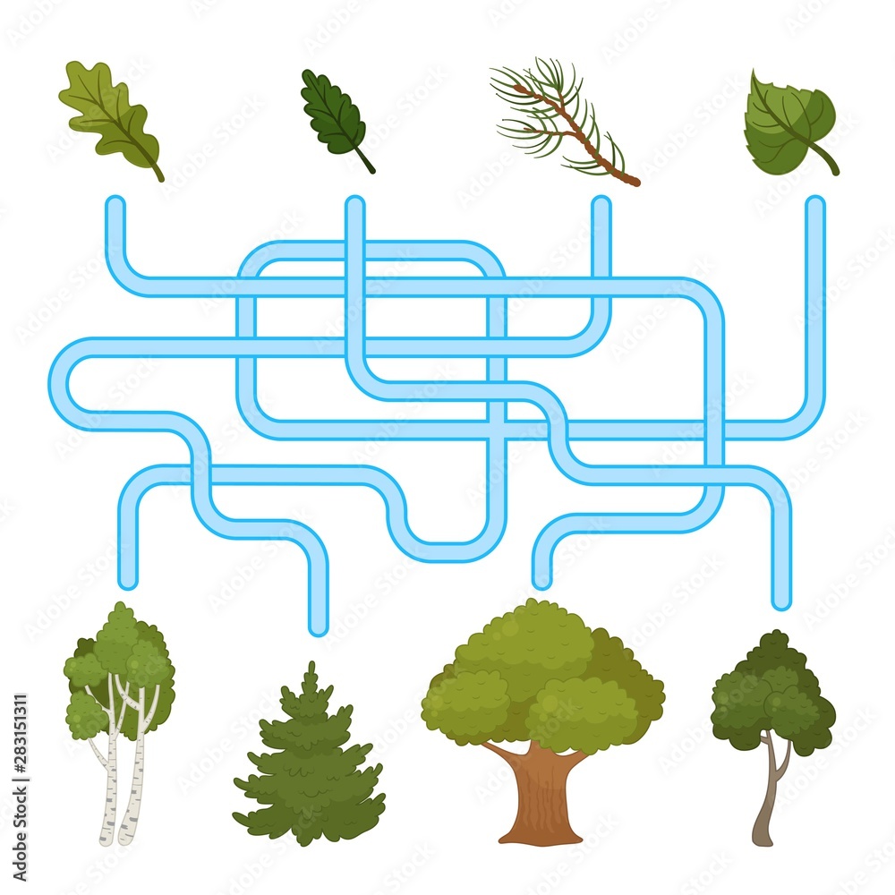 Maze game for children. Connect the leaves and trees. Stock Vector ...