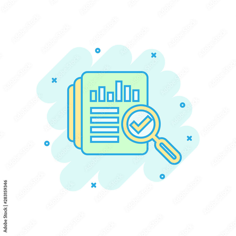 Audit document icon in comic style. Result report vector cartoon illustration on white isolated ...