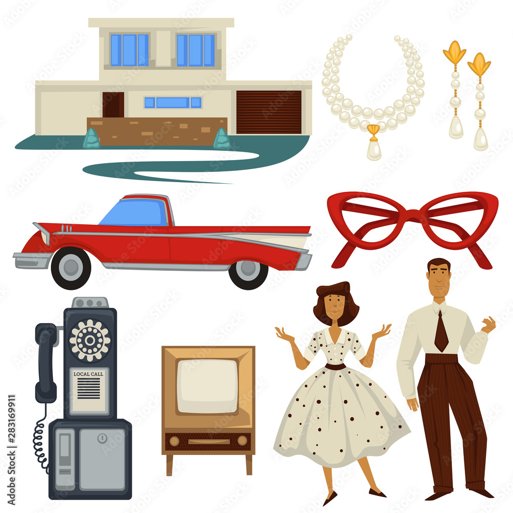 1950s fashion style and architecture, epoch symbols, technology and car ...