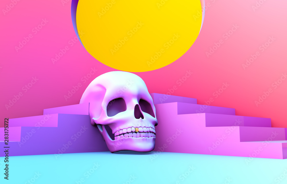 Abstract 3d Halloween scene with stairs and skull. Halloween background ...