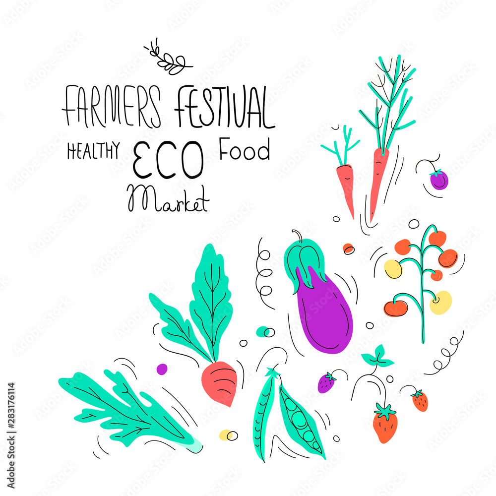 Cute vector poster with vegetables and cloud of words. Hand drawn ...