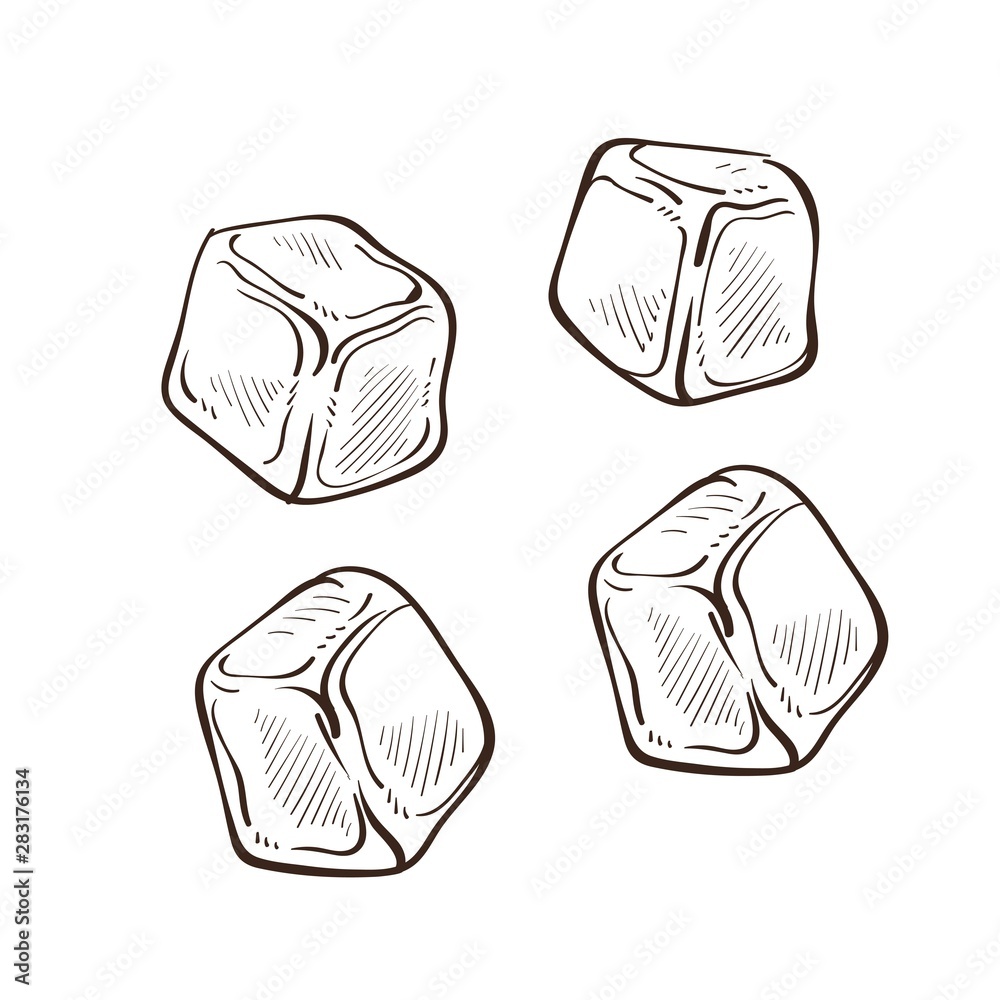 Ice cubes isolated sketches, cold pieces, cooling drinks ingredient ...