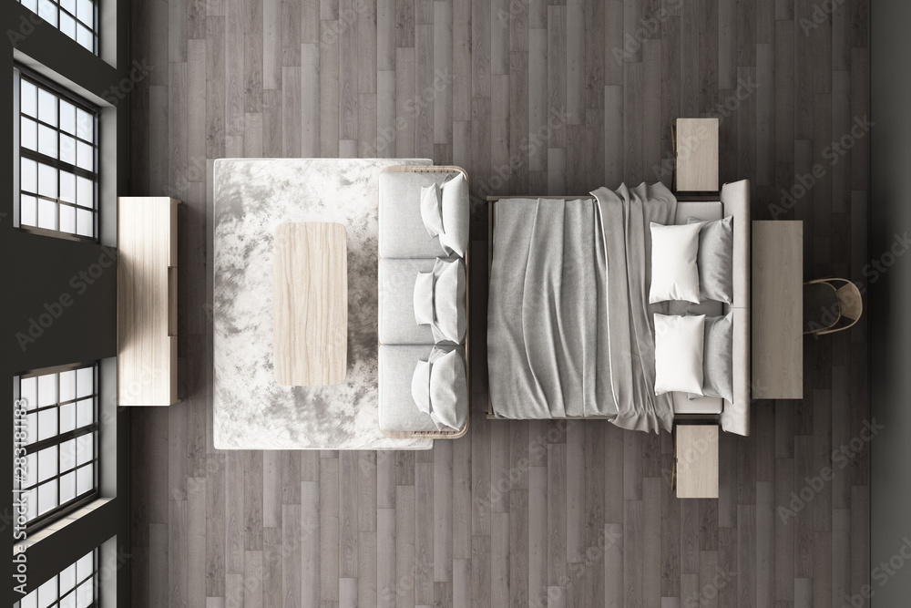 Top view of bedroom and living area in hotel or apartment in modern ...