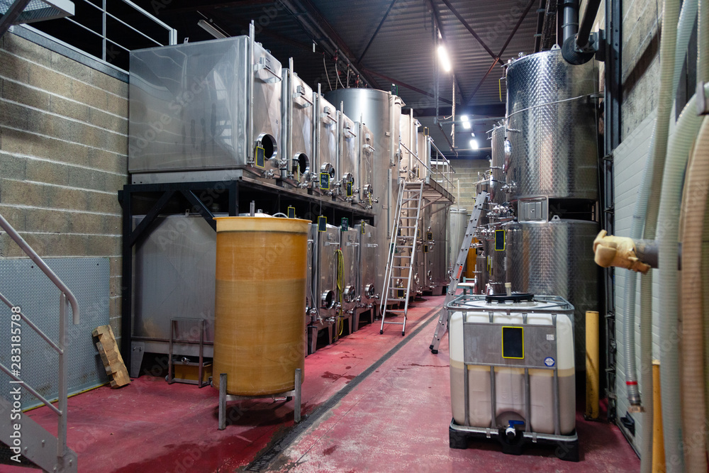 Modern wine cellar, factory with large metallic clean shine stainless ...
