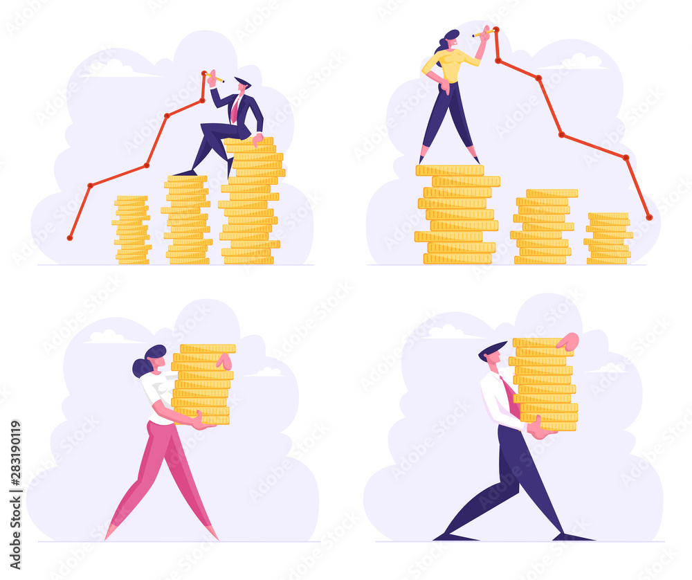 Finance Success, Money Wealth Growing Set. Business People Drawing ...