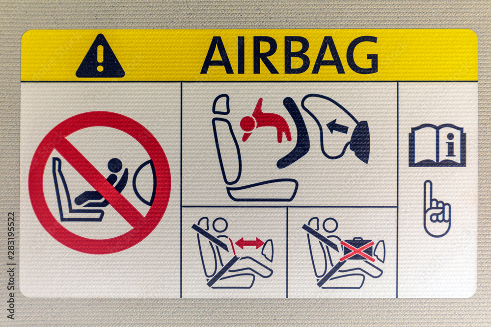 Air bag sticker label warning instruction symbol in car Stock Photo ...