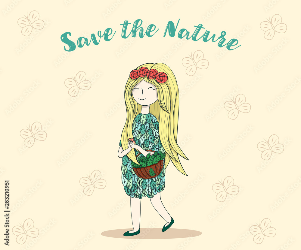 Earth Day card Poster, banner design. Save the planet Cute gold hair ...