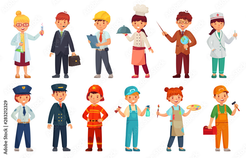 Cartoon kids in professional uniform. Doctor children outfit ...