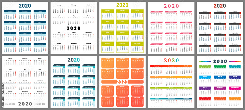 Calendar 2020. Wall planner calendars, week starts grid and year dates ...