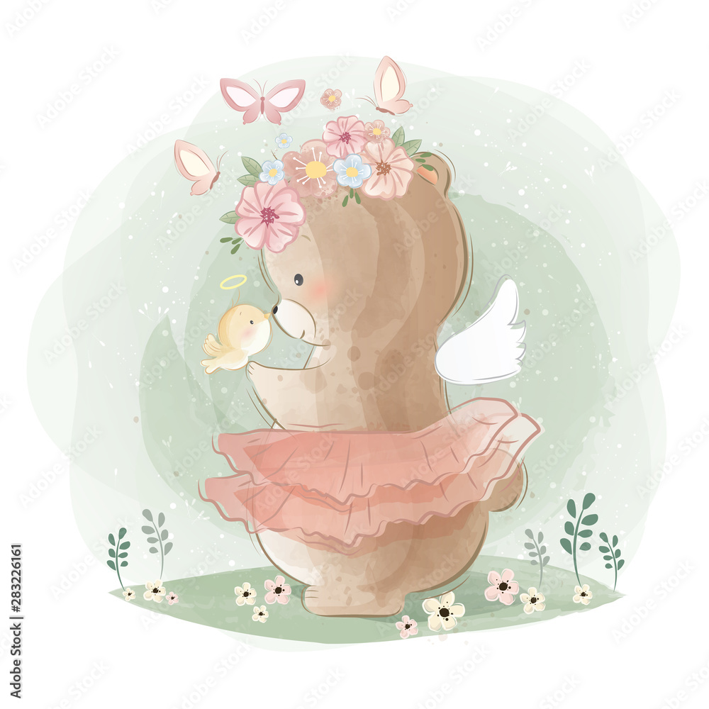 Angelic Bear and the Little Bird Stock Vector | Adobe Stock