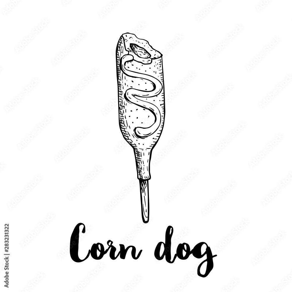 Hand drawn sketch style corn dog half-eaten with ketchup, mayonnaise or ...
