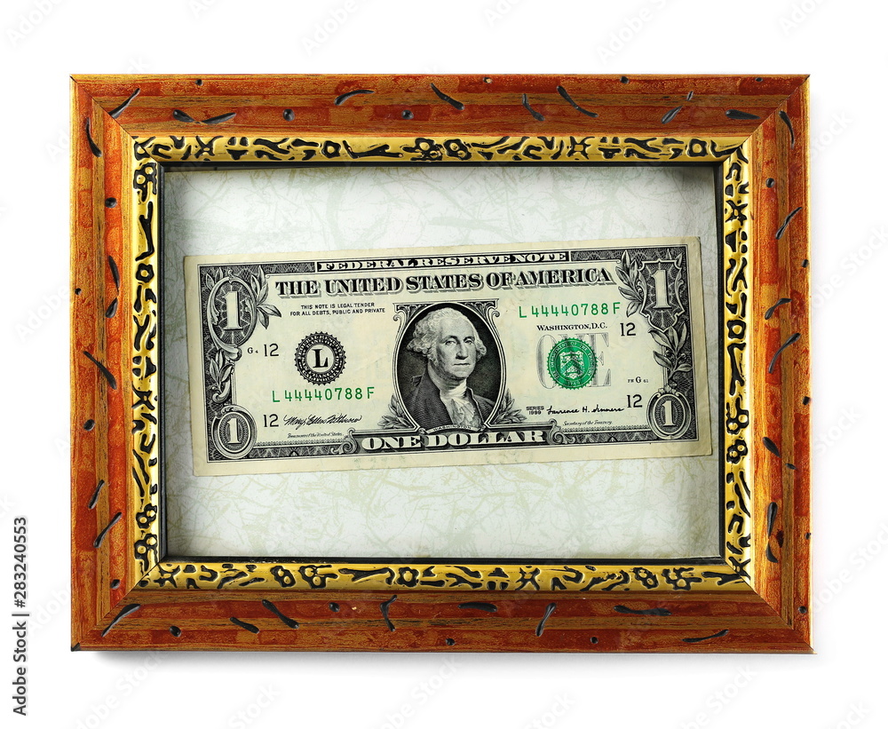 One dollar bill in wooden frame isolated on white background Stock ...