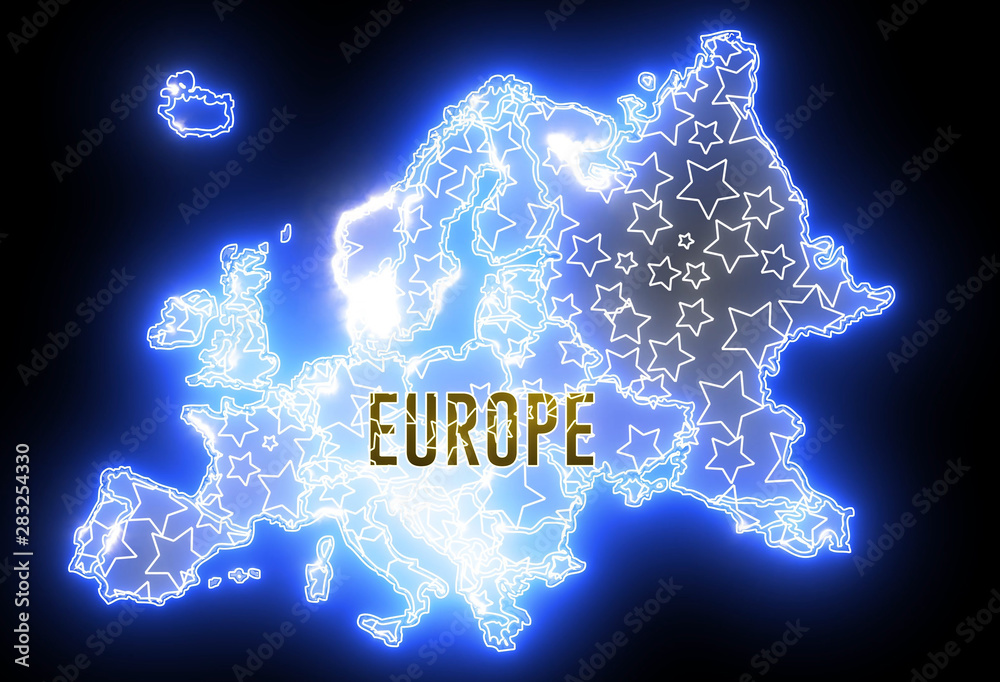 Neon map of Europe continent. Shinny abstract light of outline European ...