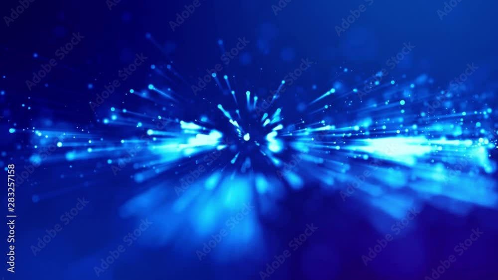 blue shiny sparkling particles with light rays move in a viscous liquid ...