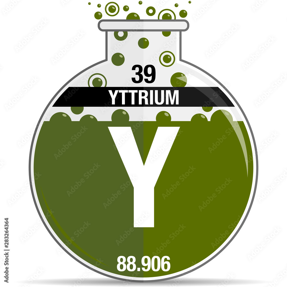 Yttrium symbol on chemical round flask. Element number 39 of the ...