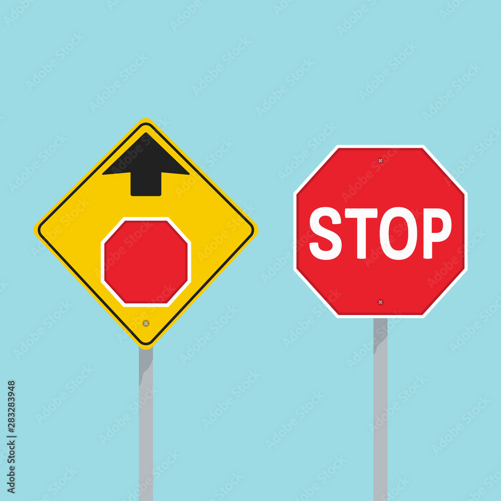 Stop sign ahead and stop sign. Flat vector illustration Stock Vector ...