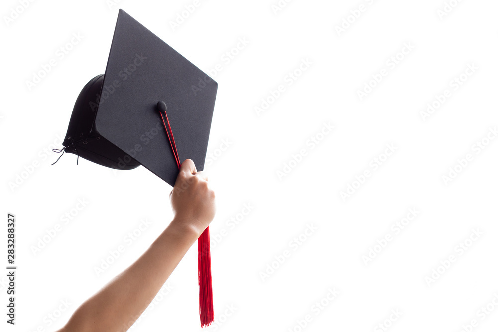 Graduation day,raising hands with graduation cap on sky.Commencement ...