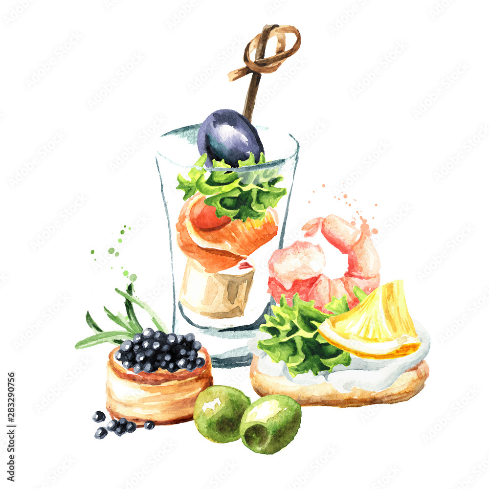 Appetizer for a festive table. Mini canape composition. Watercolor hand ...