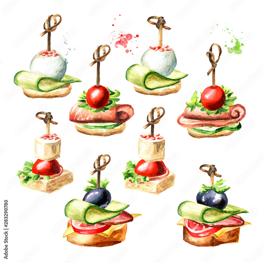 Appetizer for a festive table. Mini canape set. Watercolor hand drawn ...