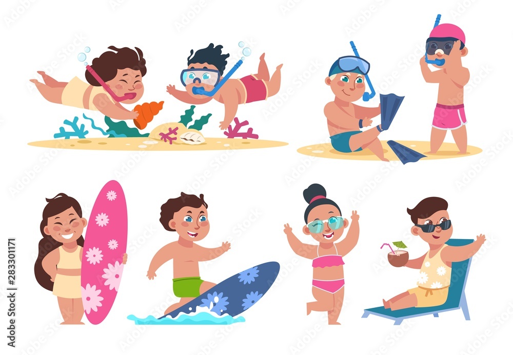 Kids at beach. Flat children character on summer holidays performing ...