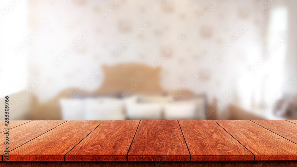 Wood table in modern home room interior with empty copy space on the ...