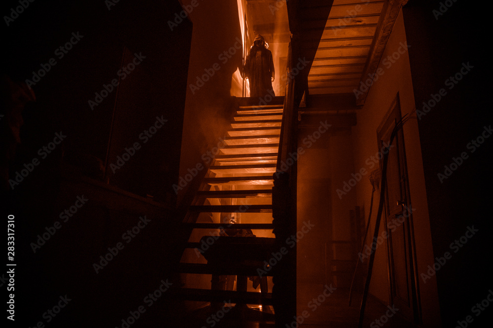Inside of old creepy abandoned mansion. Staircase and colonnade ...