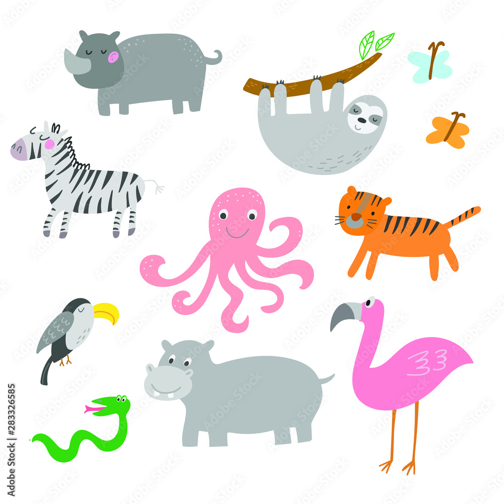 African animals, jungle tropical animals clip art, isolated vector set ...
