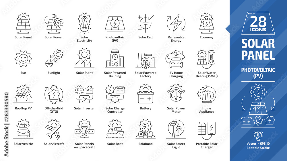 Solar panel outline icon set with sun power photovoltaic (PV) home ...