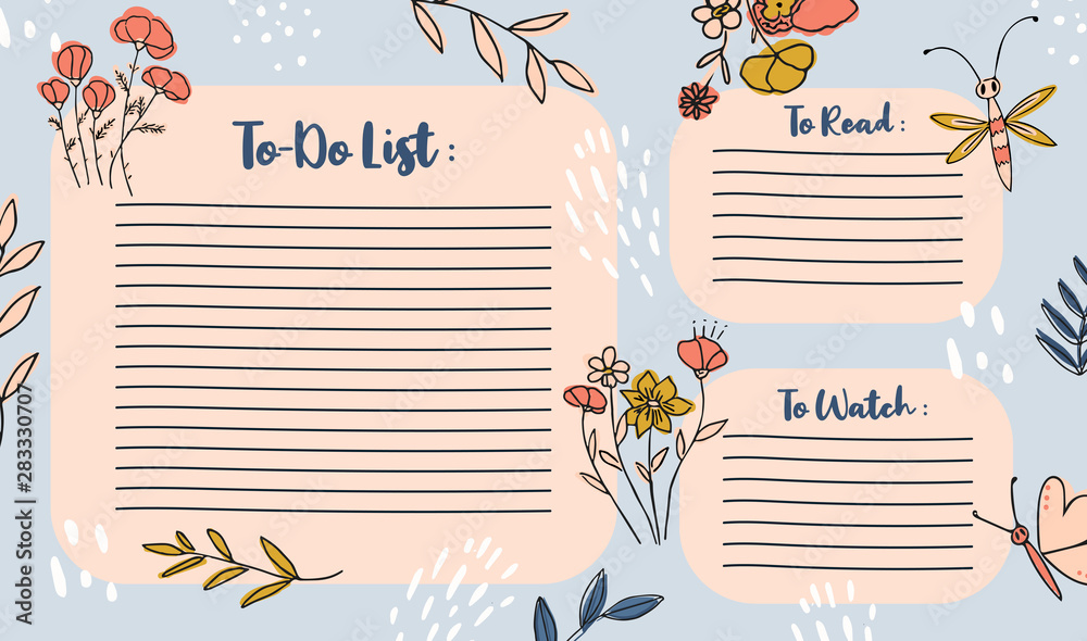 Back to School To-Do, to read and watch list. Flowers, butterflies and ...