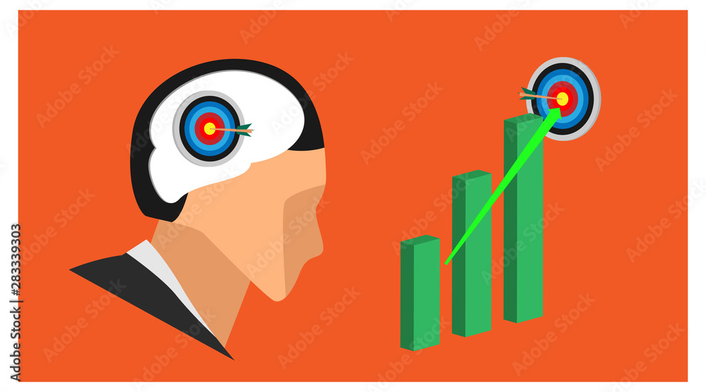 silhouette of the head thinking about the target. the bar graph rises ...