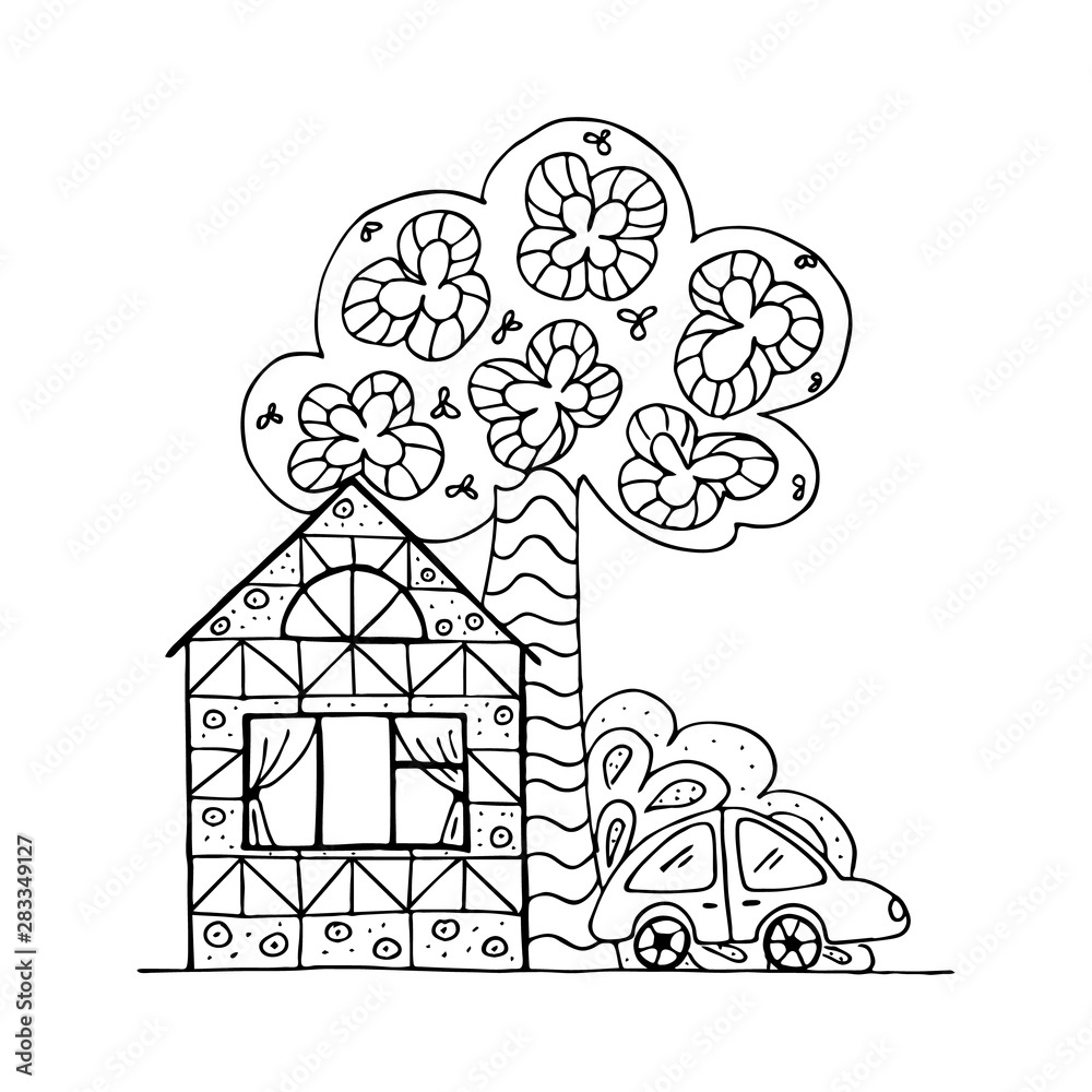 House and tree. Doodle coloring page. Vector illustration. Stock Vector ...