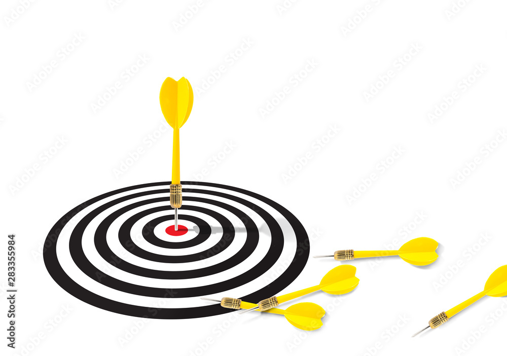 Yellow dart hit right on the middle of the target with many darts ...
