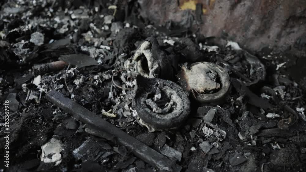 Bus after the fire. Explosion of a bomb in a passenger vehicle. The ...