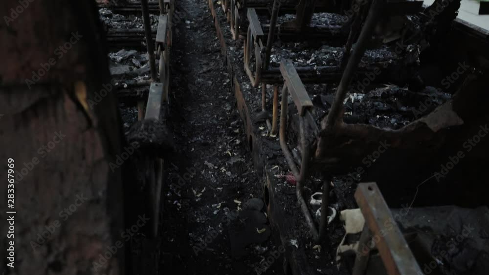 Bus after the fire. Explosion of a bomb in a passenger vehicle. The ...